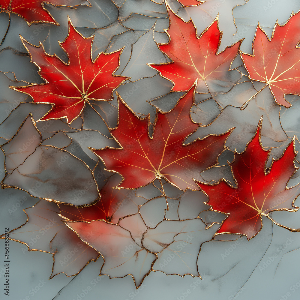 A cluster of semi-transparent red maple leaves with elegant gold ...
