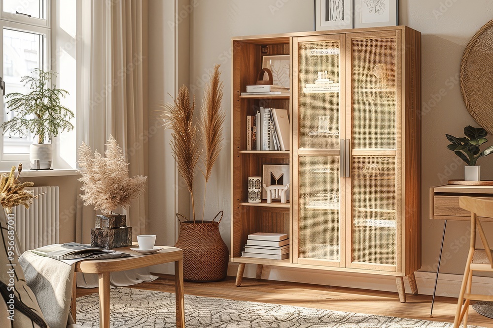 Scandinavian-style bookcase with rattan doors in an office setting ...