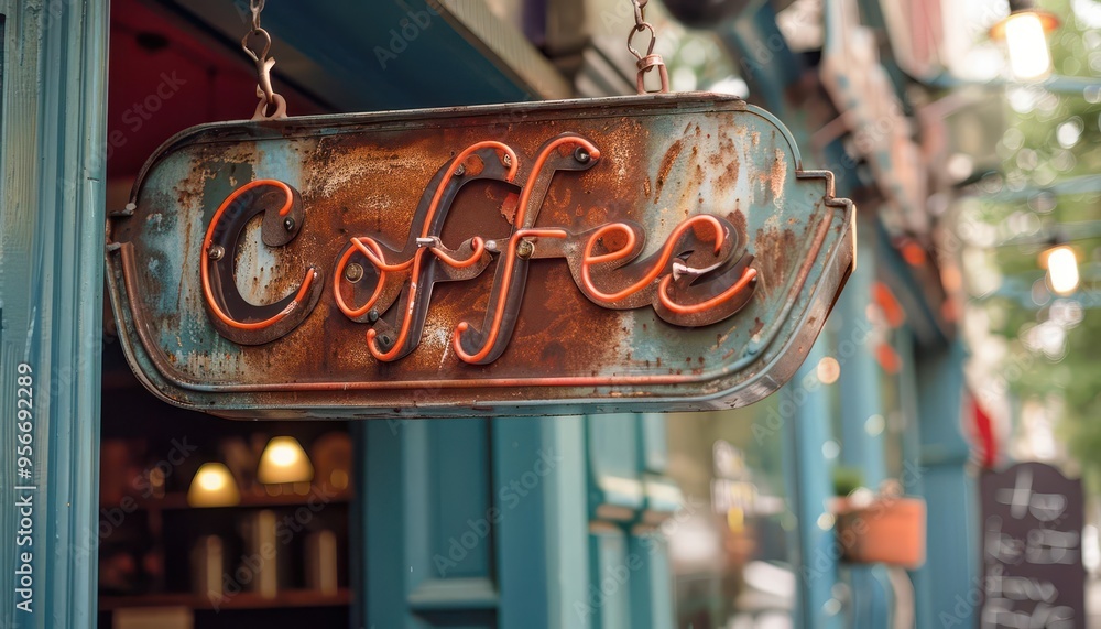 Rustic cafe sign, vibrant neon lettering spelling coffee, weathered ...