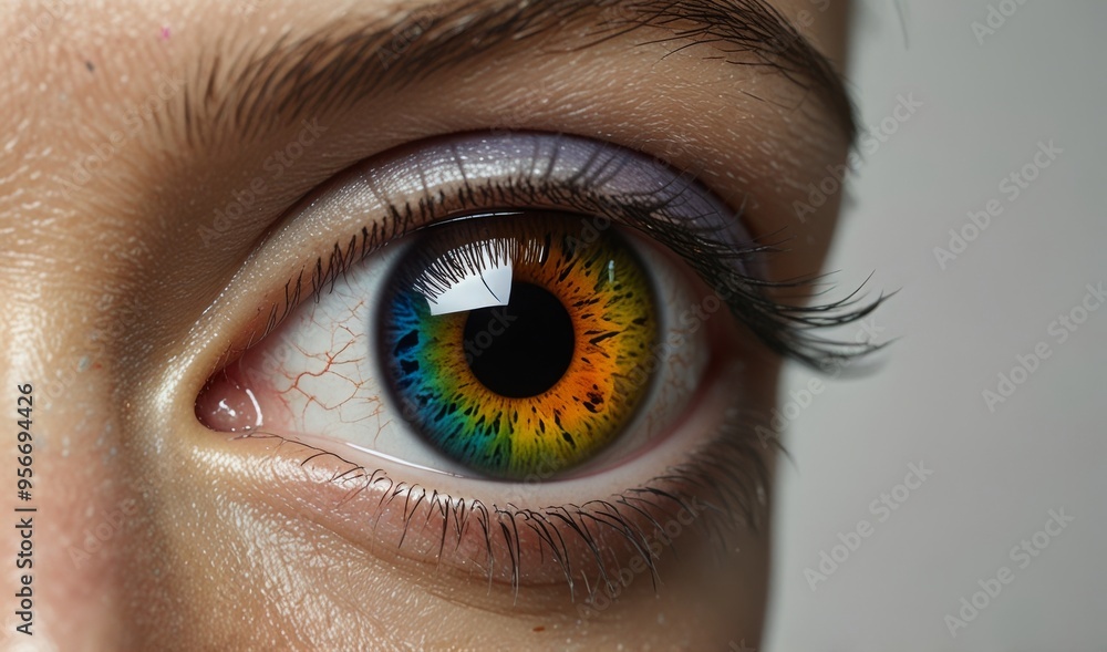 Rainbow Eye on White Background A human eye with an iris exploding in ...