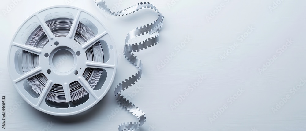 Film reel resting on a smooth surface, silver film strip trailing off ...