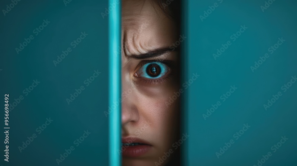 Person hiding behind a door, fear and pessimism written on their face ...