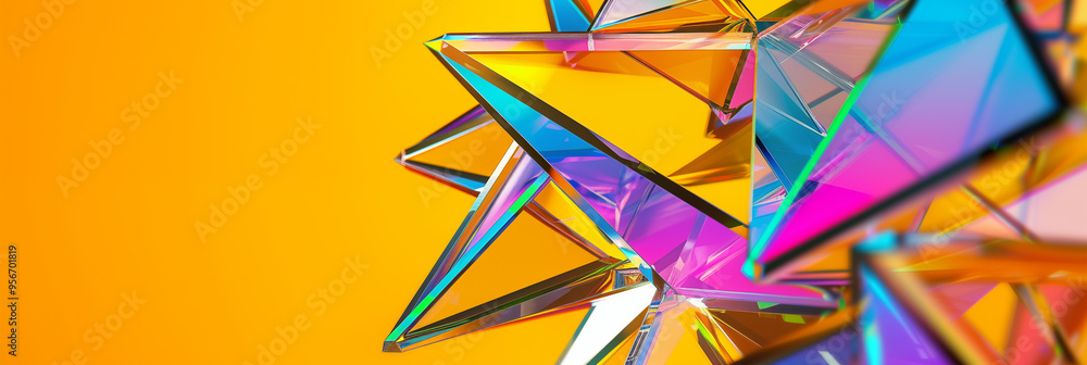 Collection of glossy, iridescent triangular prisms is arranged against ...
