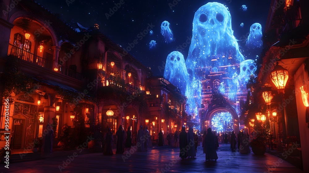 A 3D scene of a crowded square during a Halloween festival at night ...