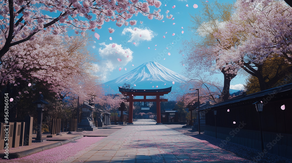 Arakura Fuji Sengen Shrine, view of the shrine facing Mount Fuji with ...