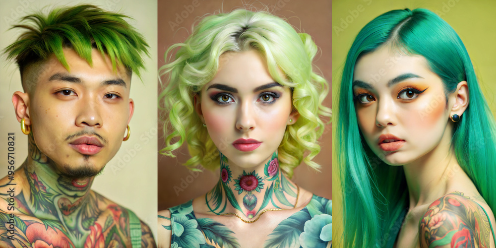 Collage of young multiethnic people with tattoo, piercing and green ...