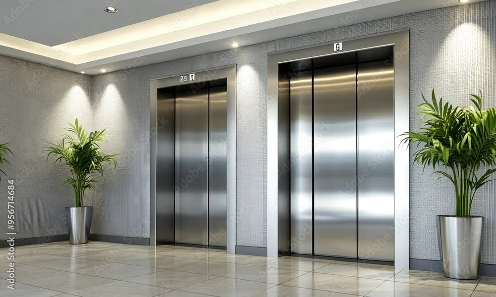 A well-lit elevator lobby showcases sleek metallic elevators and lush ...
