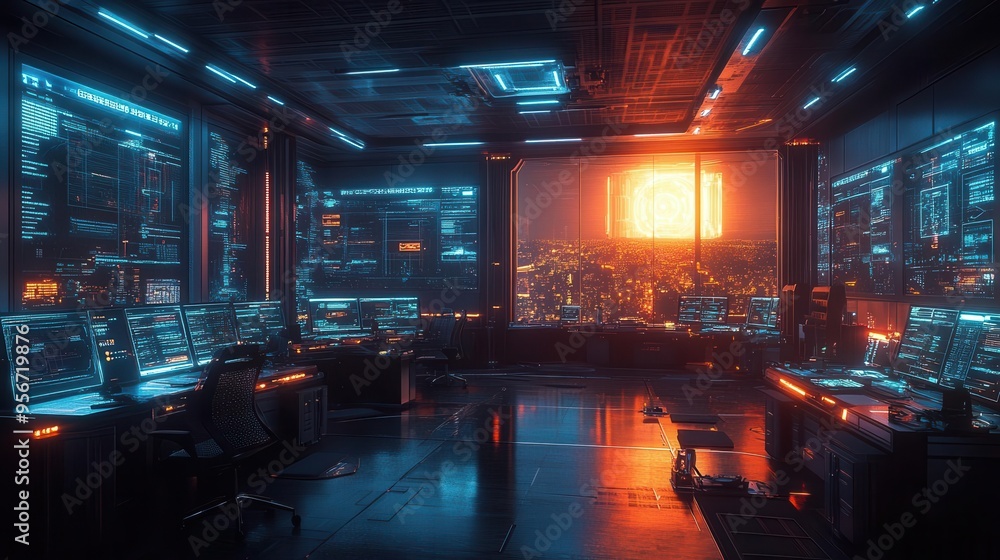 neon cyberpunk headquarters futuristic openplan office with holographic ...