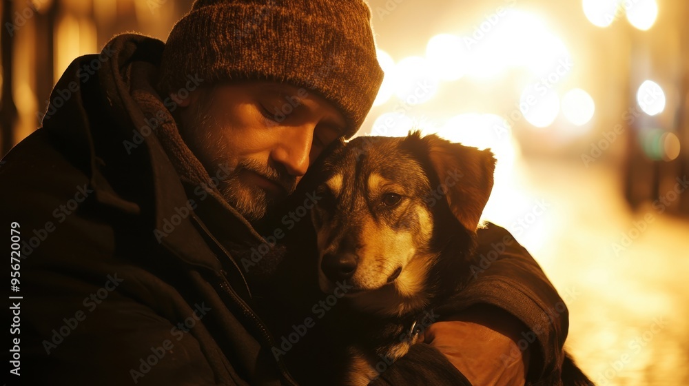 Close-up of a homeless man and his scruffy dog huddled together on a ...