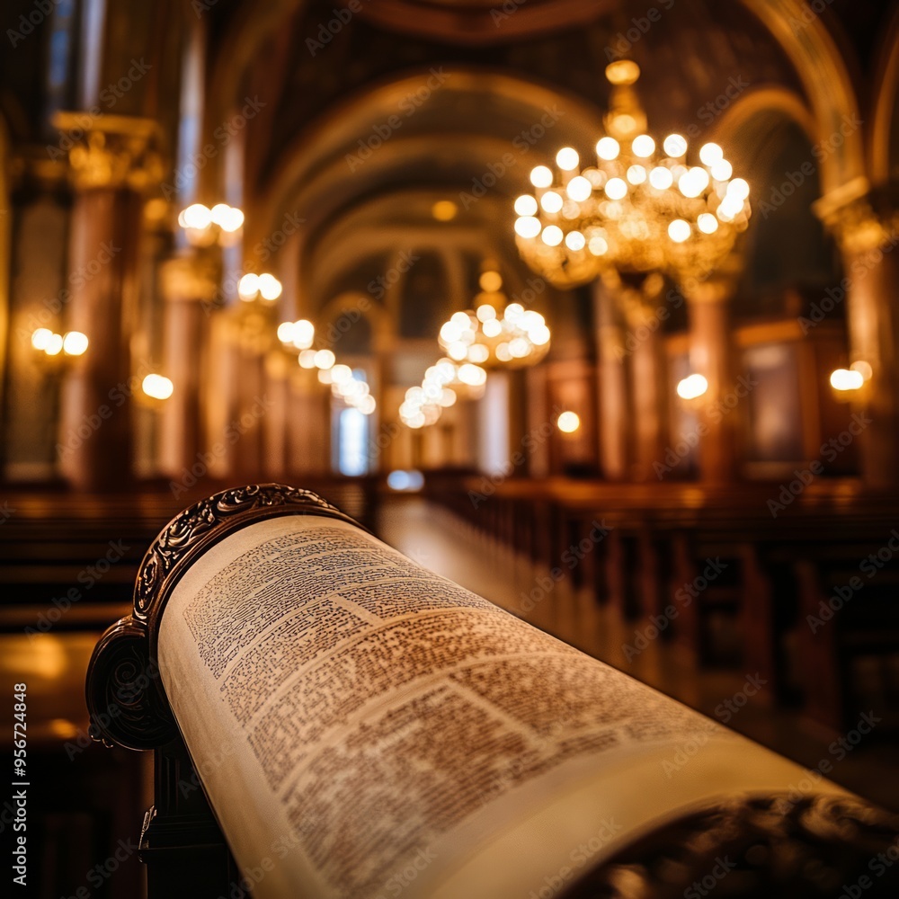 An open scroll rests on a pew in the aisle of a church, with ...
