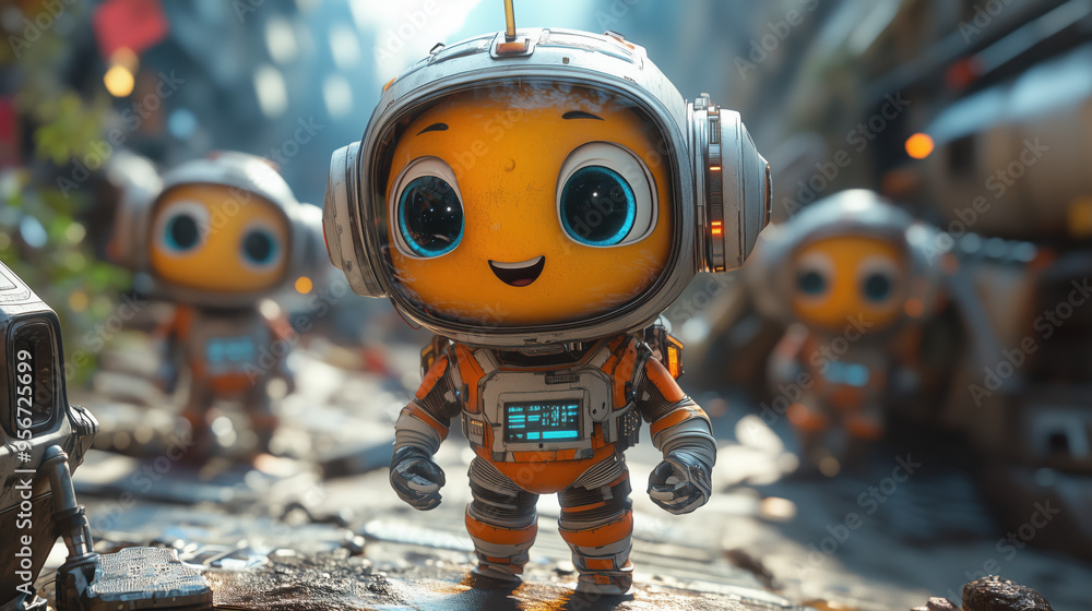 Funny, cute, whimsical yellow alien astronaut 3D cartoon anime ...