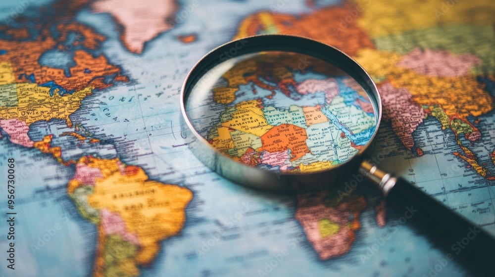 Close-up of a magnifying glass over a world map, zooming in on specific ...