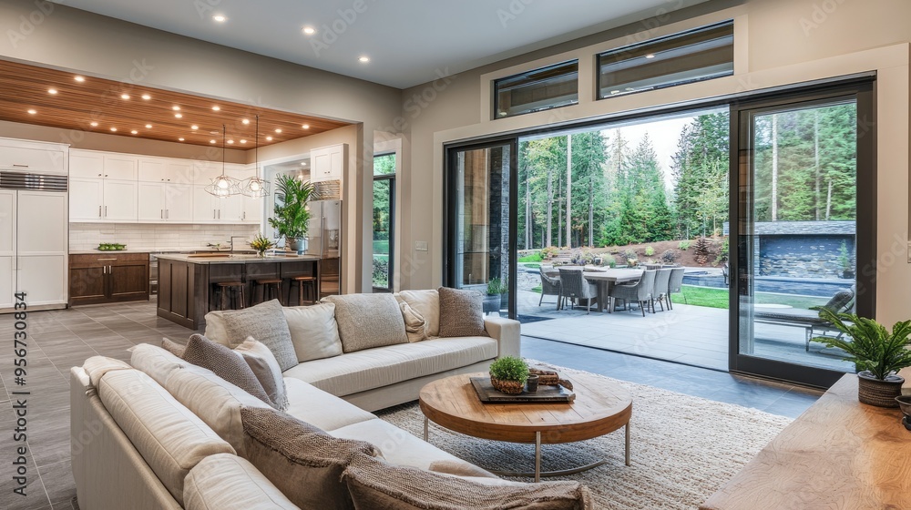 Interior of a modern home with an open-plan layout, featuring a ...