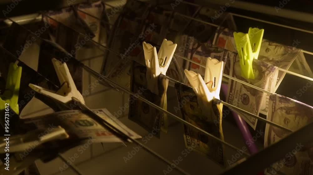 Stockvideo Illegal dirty grey money drying on a drying rack in the ...