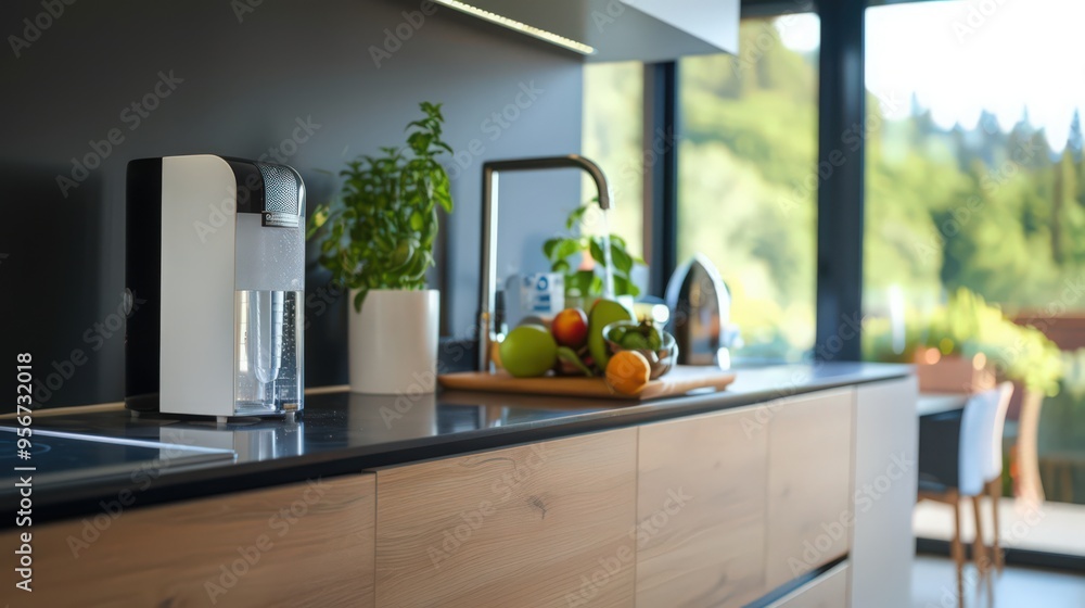A modern kitchen with a sleek water purifier on the countertop ...