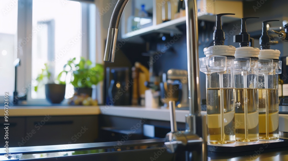 A modern water filtration system under a kitchen sink, demonstrating ...