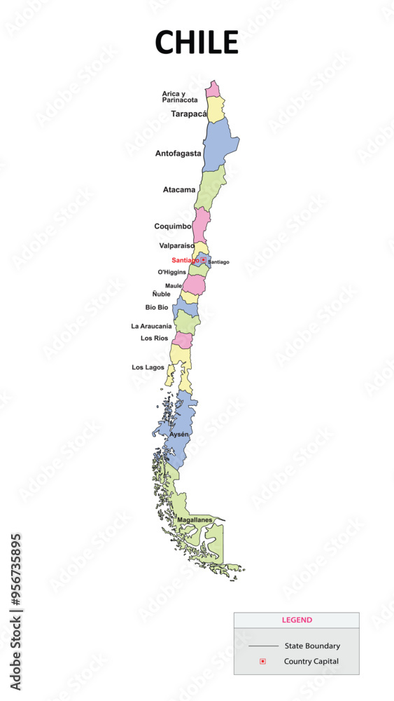 Chile Map. State map of Chile. State map of Chile in colour with capital. Provinces of Chile ...