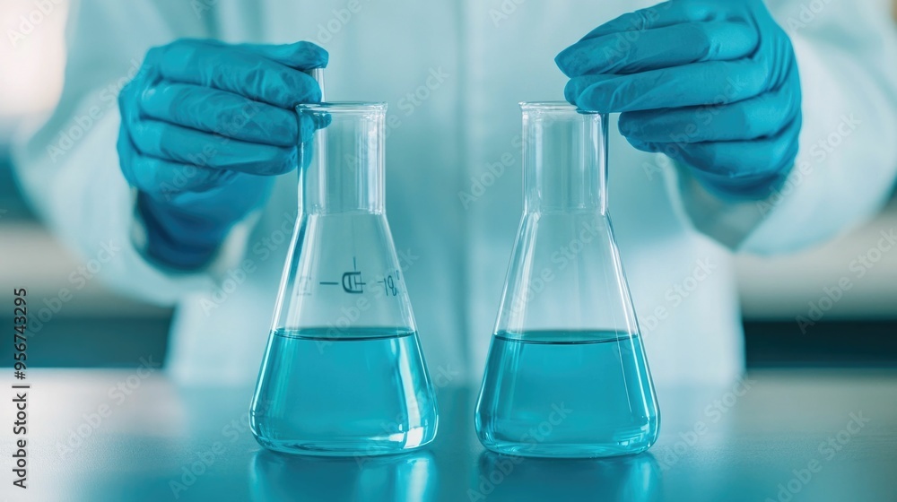 Scientist carefully mixing chemical solutions using a magnetic stirrer ...