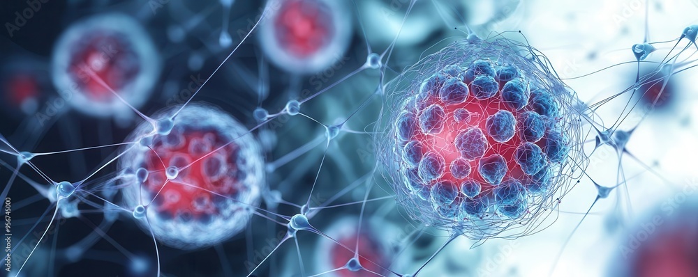 Artistic representation of cellular mitosis focusing on the nucleus and ...