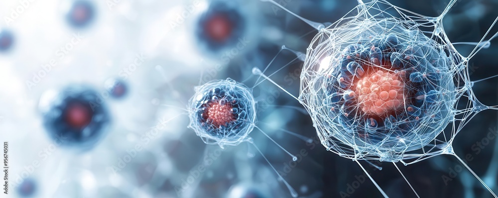 Artistic representation of cellular mitosis focusing on the nucleus and ...