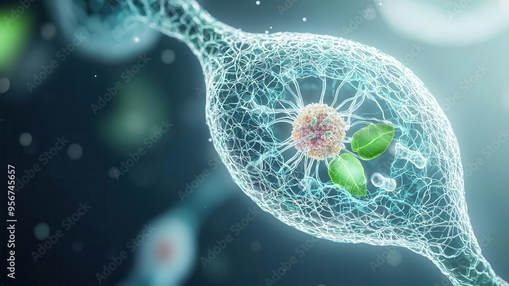Microscopic view of a plant cell with a detailed nucleus and visible ...