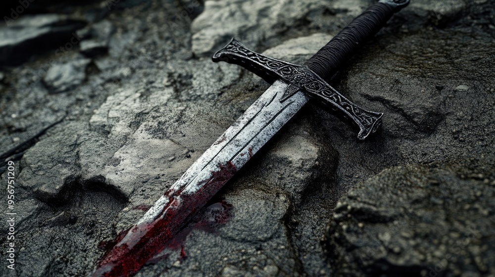 Knight's sword embedded in stone, blood dripping from the blade ...