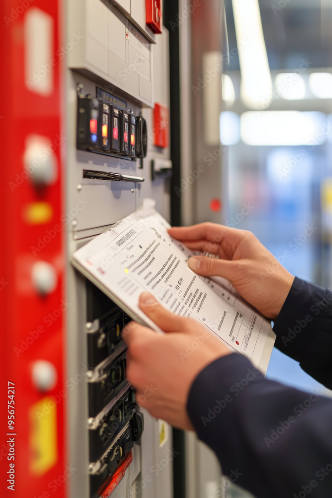 Close up of fire alarm control panel with person handling documentation ...