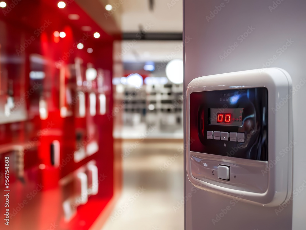 Smart home fire alarm control panel displayed in modern showroom ...