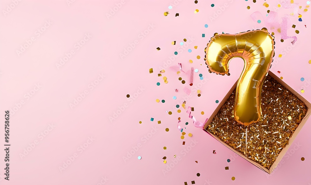 Happy birthday 7th with golden balloons and gift box on a pink ...