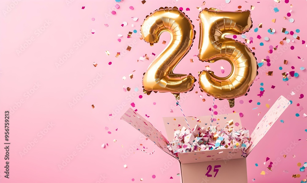 Happy birthday 25th with golden balloons and gift box on a pink ...