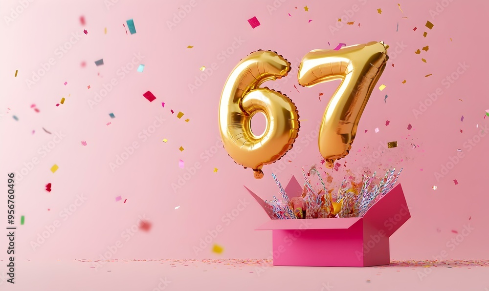 Happy birthday 67th with golden balloons and gift box on a pink ...