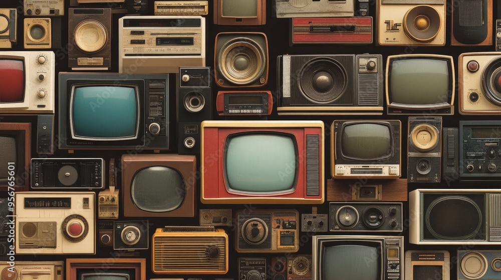 Vintage electronics, including televisions and radios, arranged in a ...
