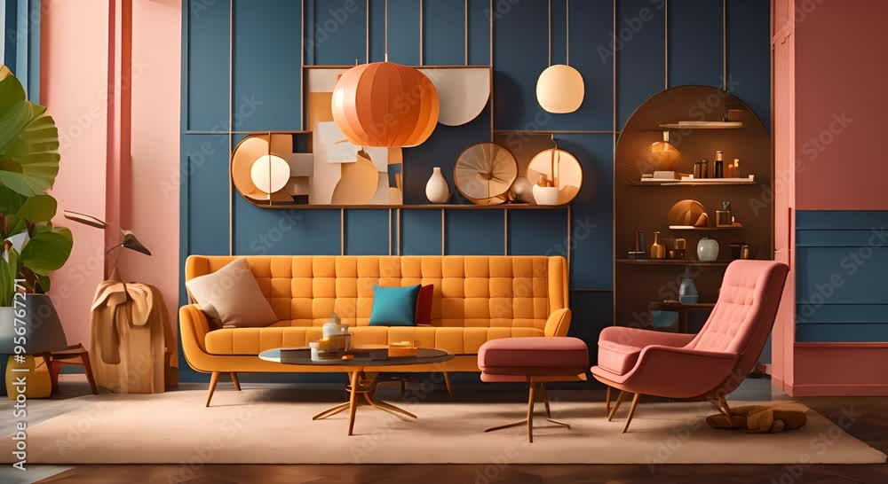 A retro themed lounge area with mid century modern furniture bold ...