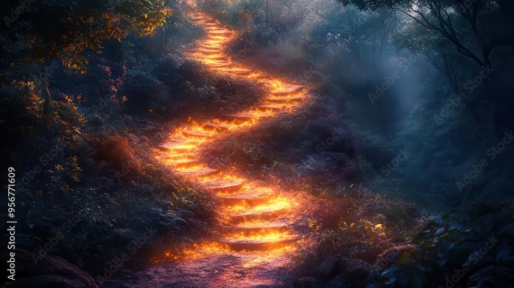 surreal forest path splitting into multiple winding roads ethereal glow ...