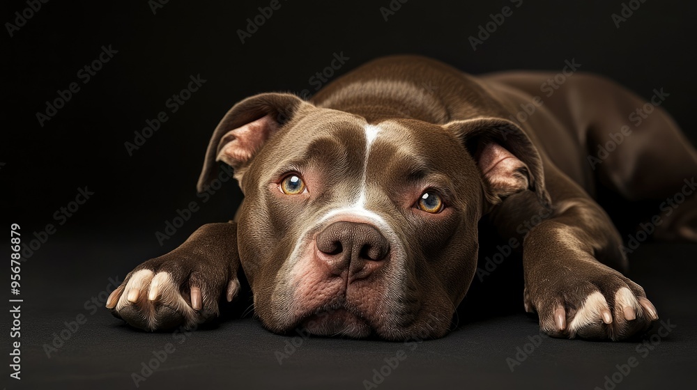 Studio portrait of a relaxed Pit Bull lying down, capturing its calm ...