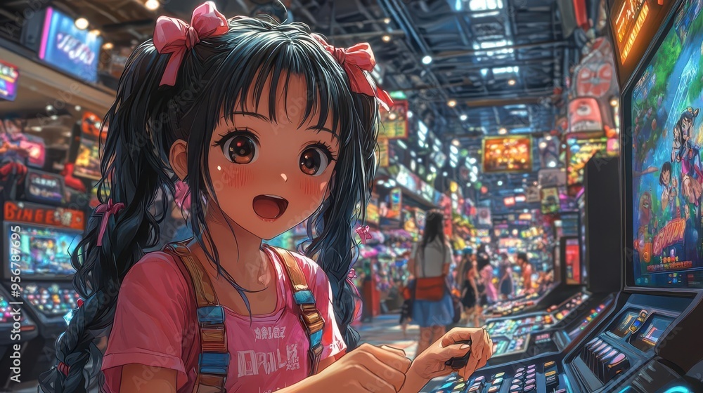 vibrant animestyle illustration of cute girls immersed in colorful ...