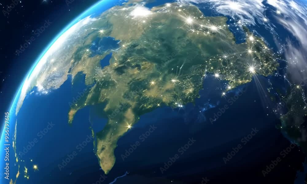 Rotating earth planet, celestial body in the sky in outer space. A ...