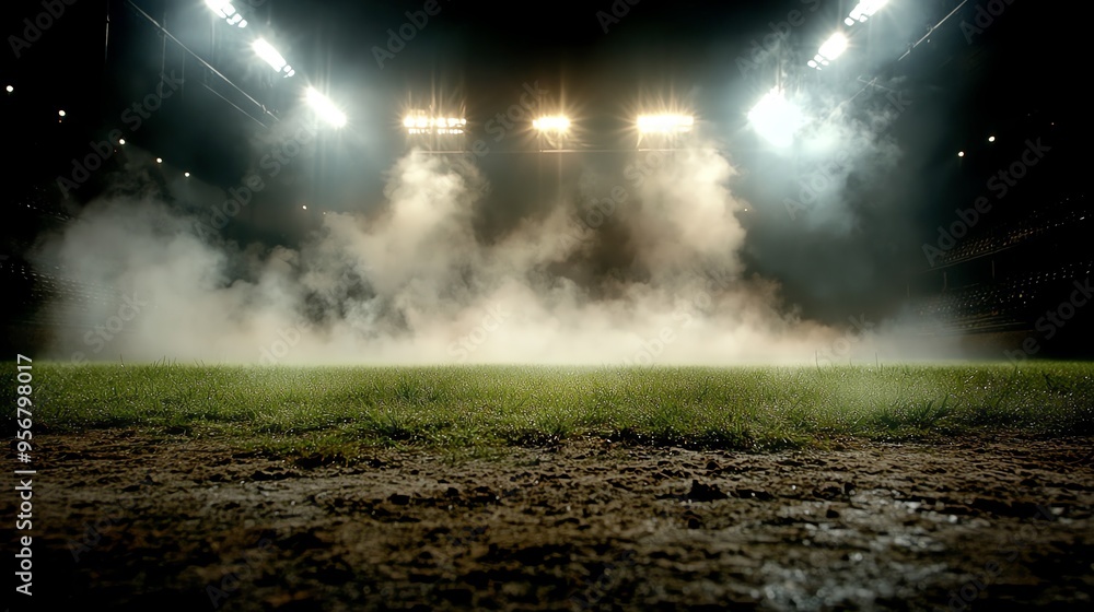 Floodlit stadium with rolling fog across the field, dramatic shadows ...