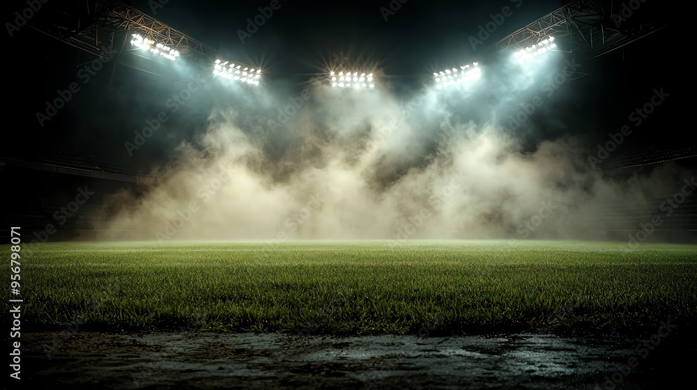 Floodlit stadium with rolling fog across the field, dramatic shadows ...