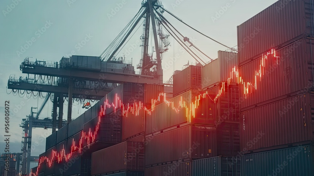 Cargo containers being lifted from a ship by a crane at the harbor ...