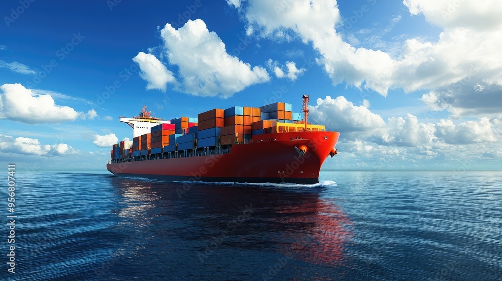 Cargo ship loaded with containers navigating the open sea. Emphasizes ...