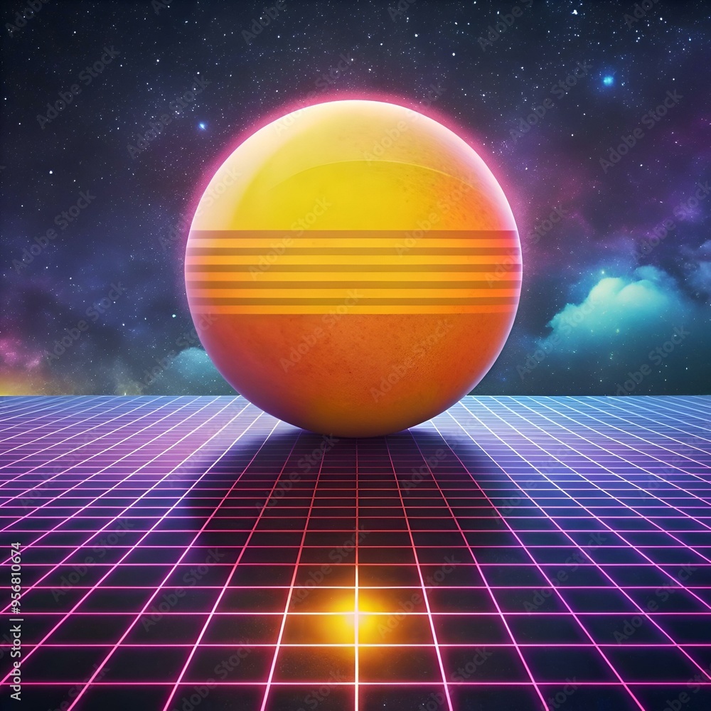 A retro futuristic 3D illustration of a stylized orange orb with a glow ...
