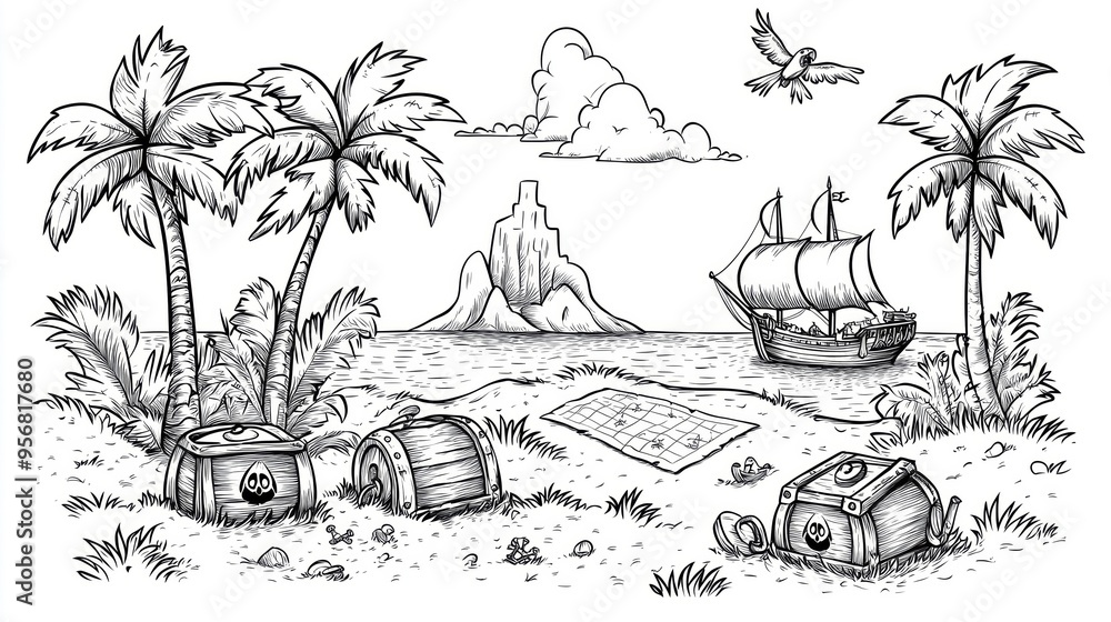 Black and white coloring page illustration of a pirate ship approaching ...