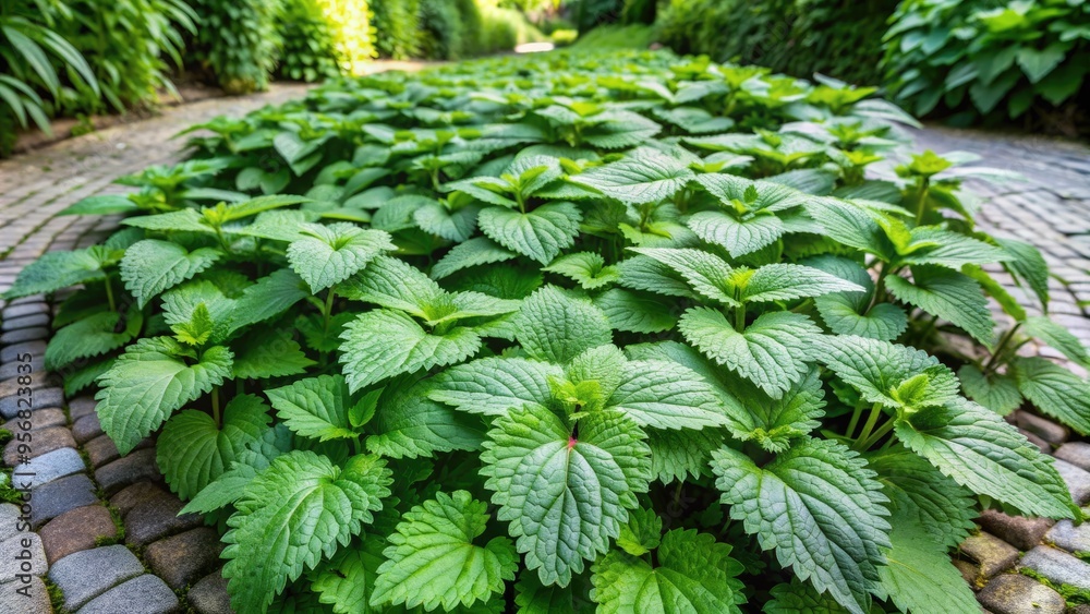 A lush green garden bed overrun with pesky stinging nettle weeds, with ...