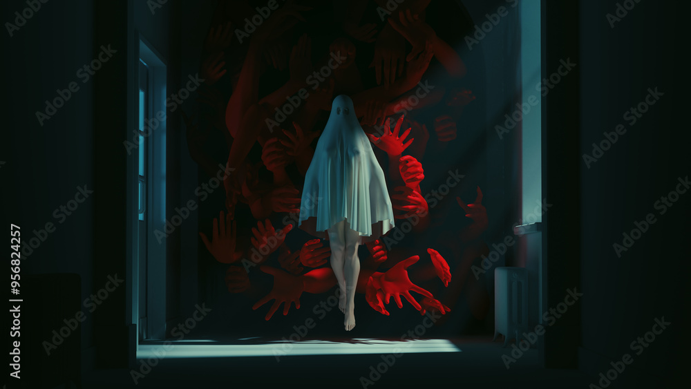 Ghost floating Halloween school corridor asylum red demon arms hands ...