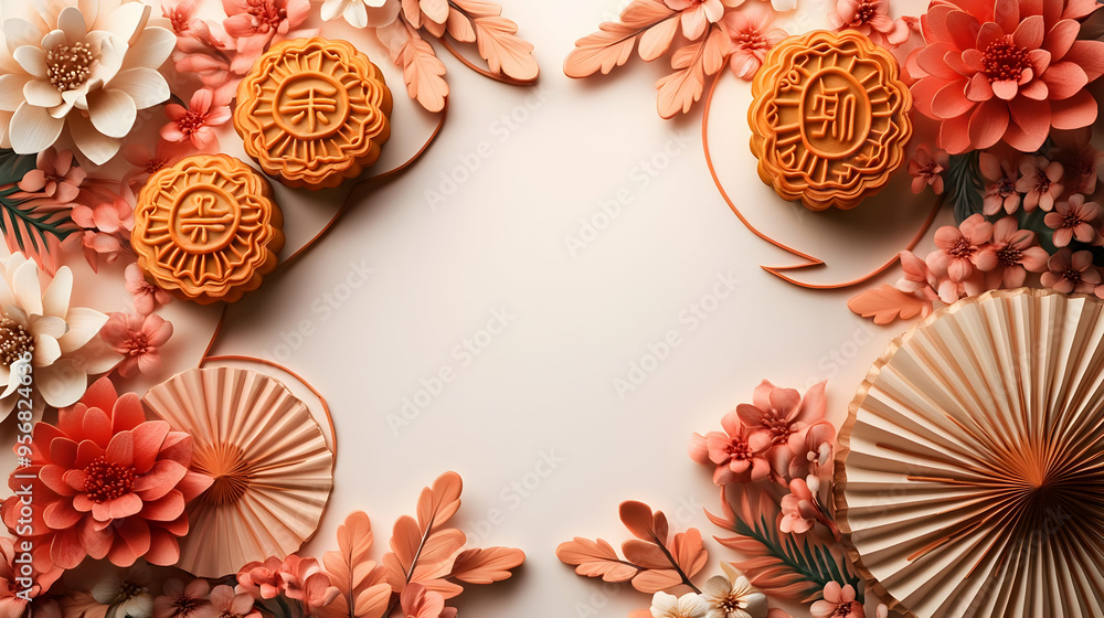 3D Mooncake and Fan Border Frame with Copy Space concept as A border ...