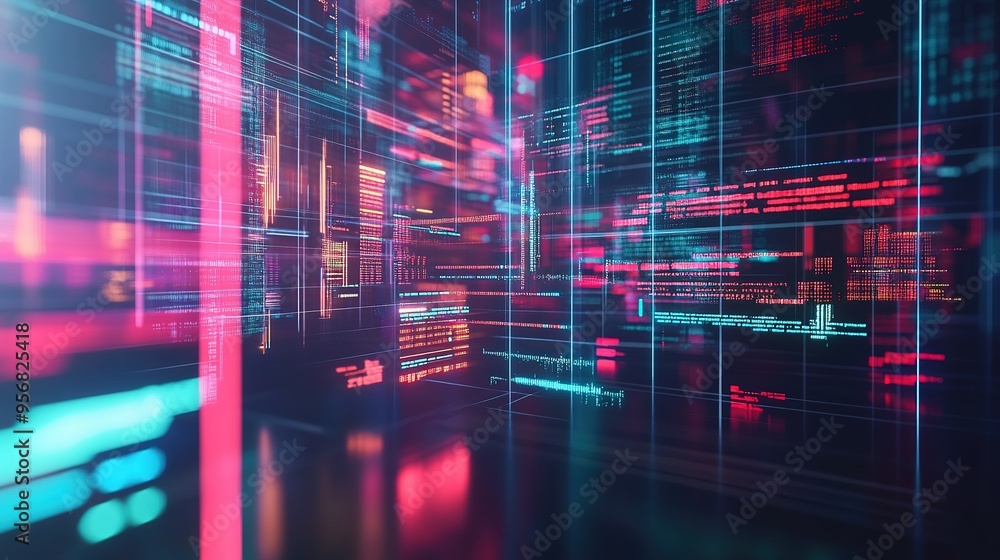 Vibrant digital abstract background filled with glowing lines and codes ...