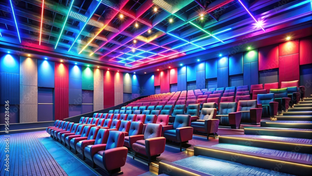 A modern cinema hall with rows of comfortable seats, a large screen ...