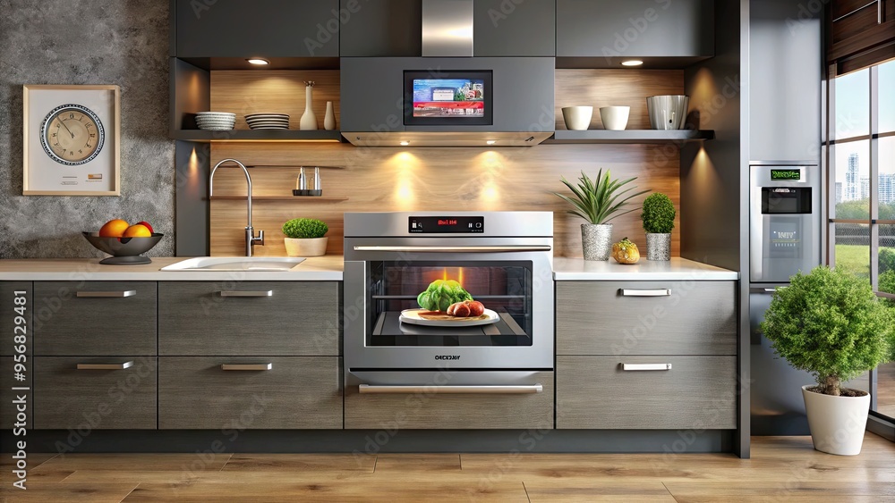 A modern kitchen interior features a sleek oven with a digital display ...