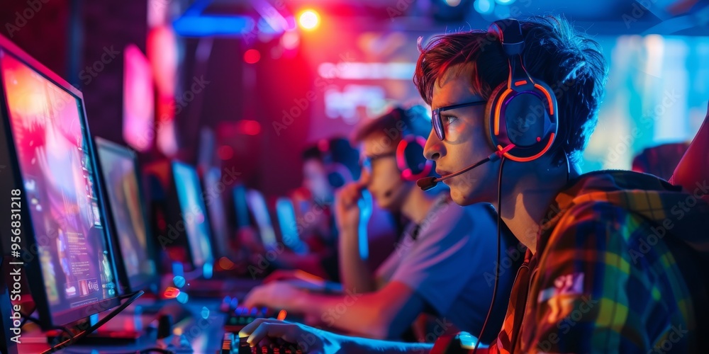 Gamers competing in an esports tournament, showcasing skill and ...